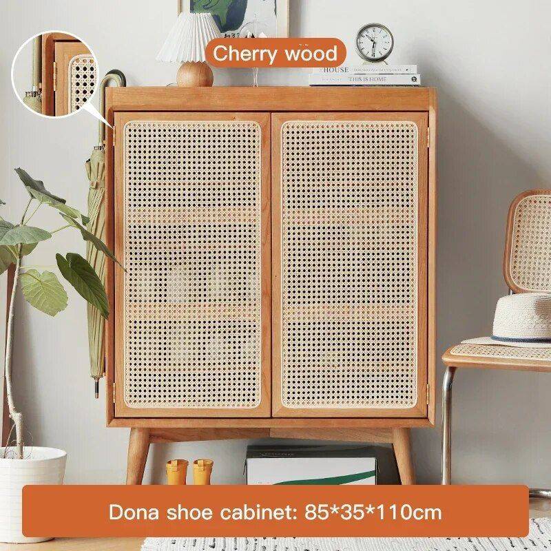 Large Capacity White Oak & Rattan Woven Shoe Cabinet - Home Unlimited