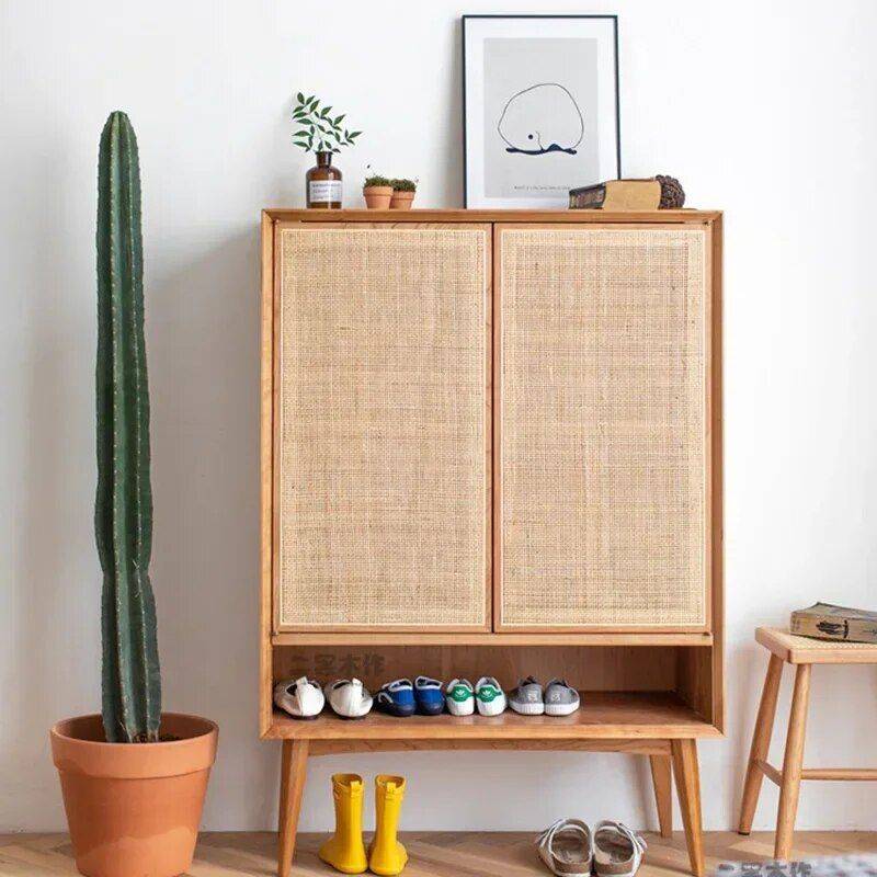 Large Capacity White Oak & Rattan Woven Shoe Cabinet - Home Unlimited
