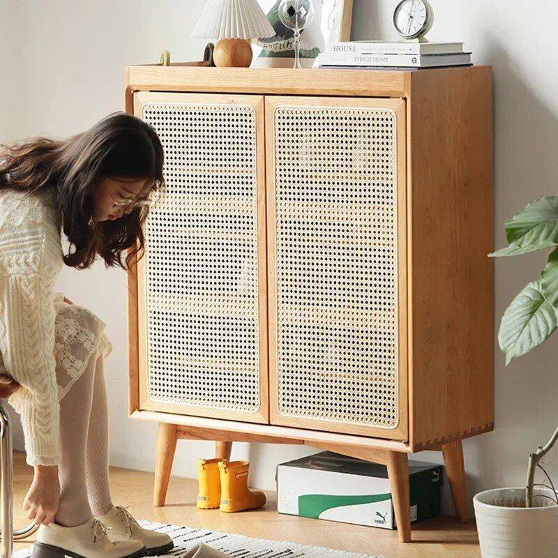 Large Capacity White Oak & Rattan Woven Shoe Cabinet - Home Unlimited