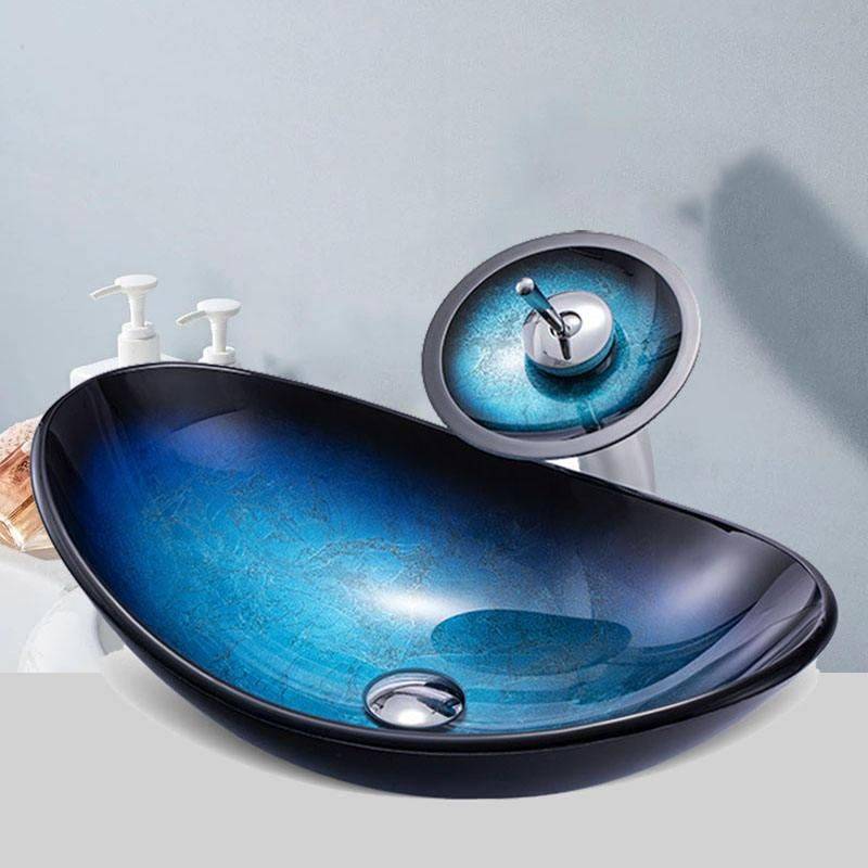 Tempered Glass Waterfall Faucet Oval Basin with Drain Pipe - Home Unlimited